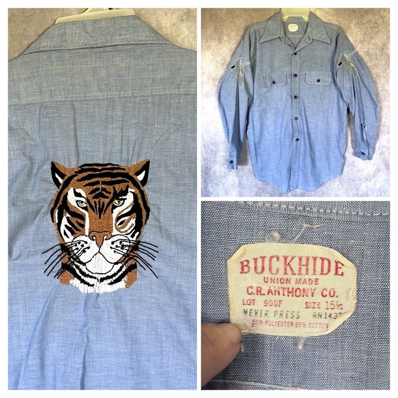 Shirts | Vtg 6s Buckhide Cr Anthony Co Union Embroidered Tiger Chambray ...